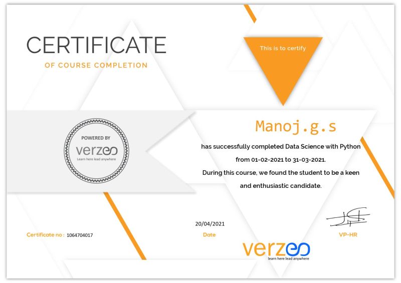 Manoj G S on LinkedIn: #python #datascience #machinelearning #verzeo Manoj G S on LinkedIn: #python #datascience #machinelearning #verzeo