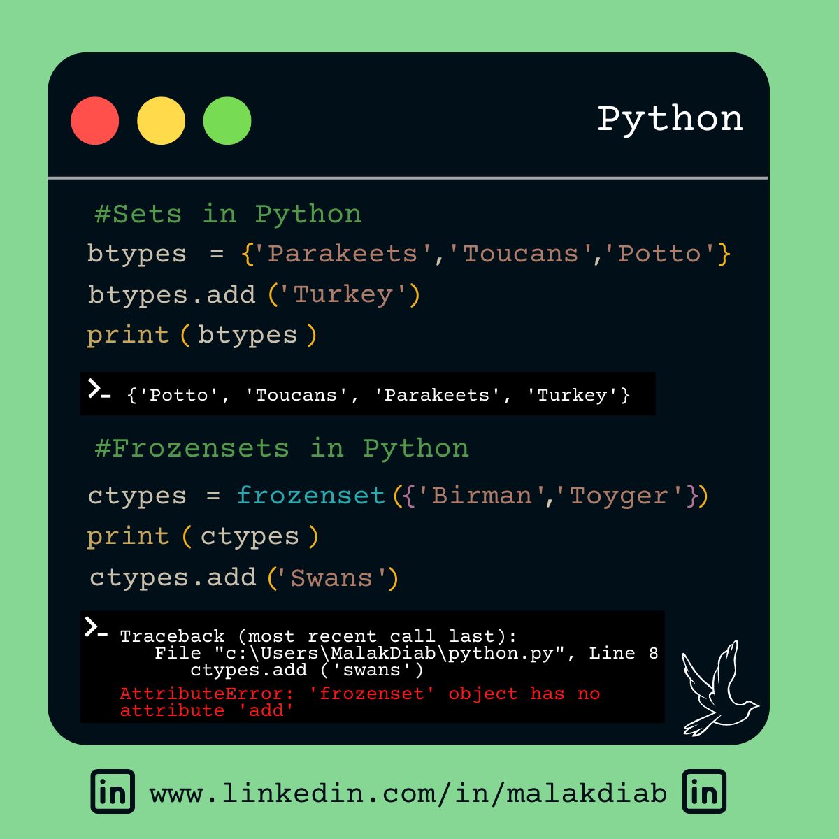 Malak Diab on LinkedIn: #python #sets #frozensets #immutable #unordered Malak Diab on LinkedIn: #python #sets #frozensets #immutable #unordered