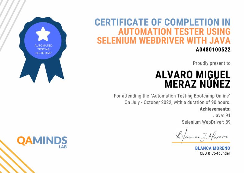Alvaro Meraz Nuñez on LinkedIn: QA Minds Lab Certificate of completion ... Alvaro Meraz Nuñez on LinkedIn: QA Minds Lab Certificate of completion ...