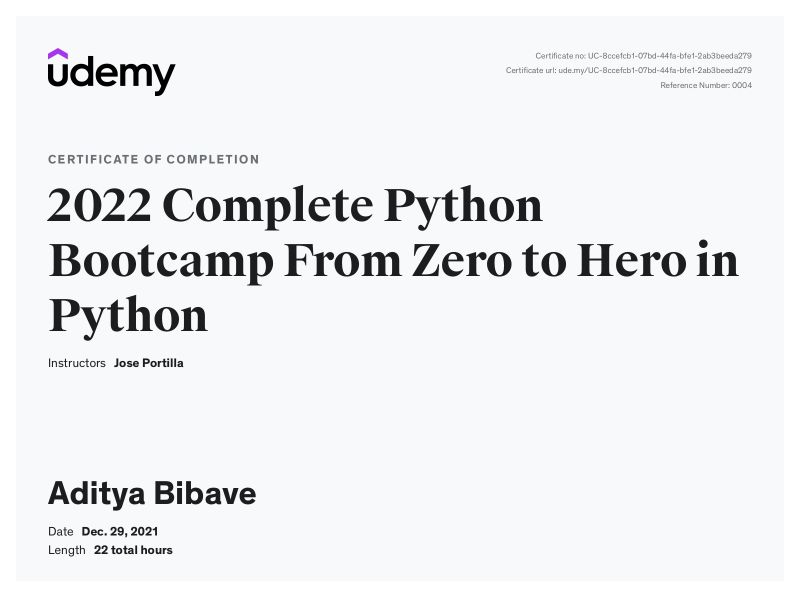 Aditya Bibave on LinkedIn: #python #pythonbootcamp #pythondeveloper #udemy Aditya Bibave on LinkedIn: #python #pythonbootcamp #pythondeveloper #udemy