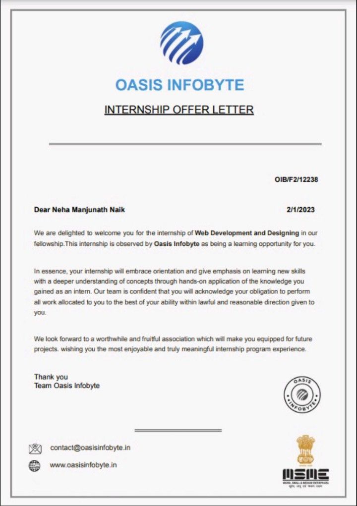 Neha Naik on LinkedIn: #oasisinfobyte #webdevelopment #internship #oasis Neha Naik on LinkedIn: #oasisinfobyte #webdevelopment #internship #oasis