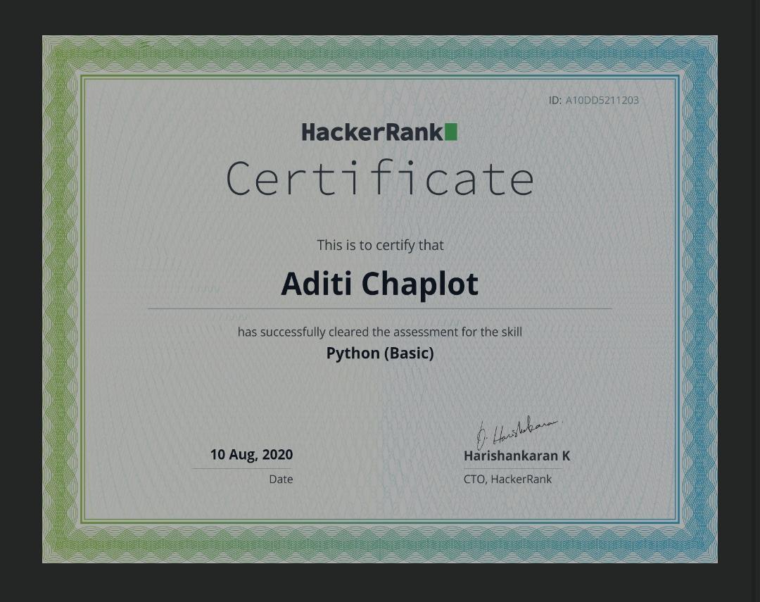 Aditi Jain on LinkedIn: #hackerrank #python3 #programming #certifications Aditi Jain on LinkedIn: #hackerrank #python3 #programming #certifications