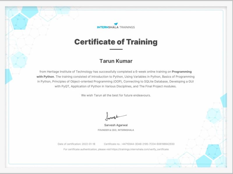 Tarun Kumar on LinkedIn: # programming in python certificate Tarun Kumar on LinkedIn: # programming in python certificate