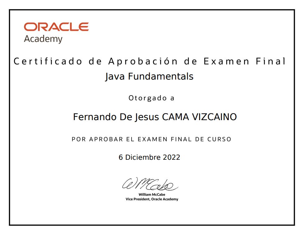 FERNANDO DE JESÚS CAMA VIZCAINO on LinkedIn: Oracle JF Java Fundamentals FERNANDO DE JESÚS CAMA VIZCAINO on LinkedIn: Oracle JF Java Fundamentals