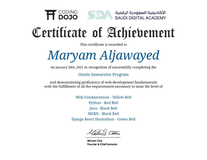 Maryam Aljawayed on LinkedIn: #codingdojo #sda #python #mern #java Maryam Aljawayed on LinkedIn: #codingdojo #sda #python #mern #java