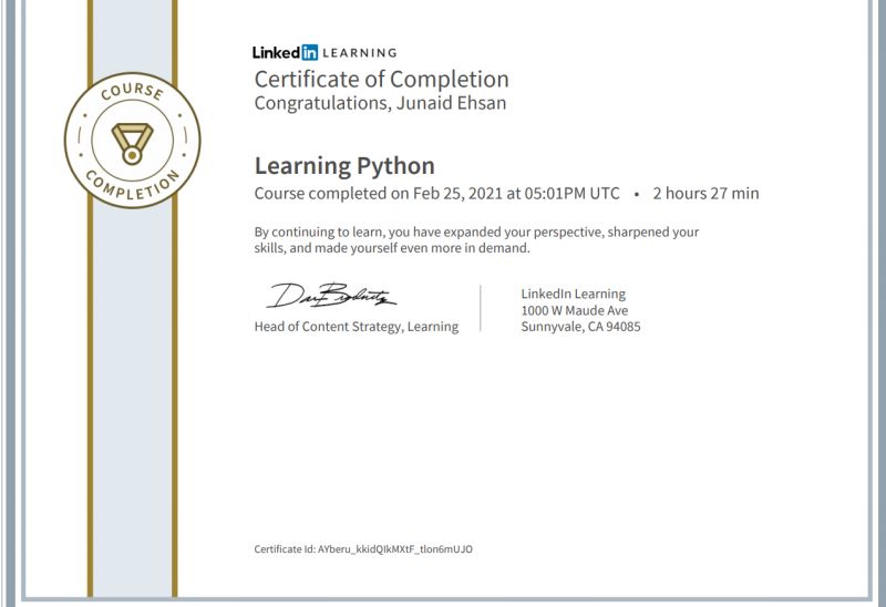 Junaid Ehsan on LinkedIn: Just done with my Python Certification ... Junaid Ehsan on LinkedIn: Just done with my Python Certification ...