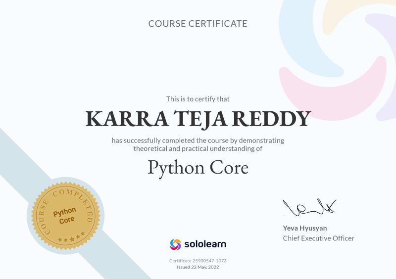 Teja Reddy Karra on LinkedIn: Sololearn python core course completion ... Teja Reddy Karra on LinkedIn: Sololearn python core course completion ...