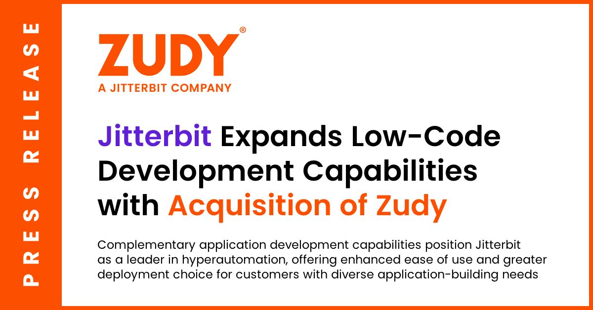 Zudy on LinkedIn: Low-Code Development Platform Zudy Acquired | Jitterbit Zudy on LinkedIn: Low-Code Development Platform Zudy Acquired | Jitterbit