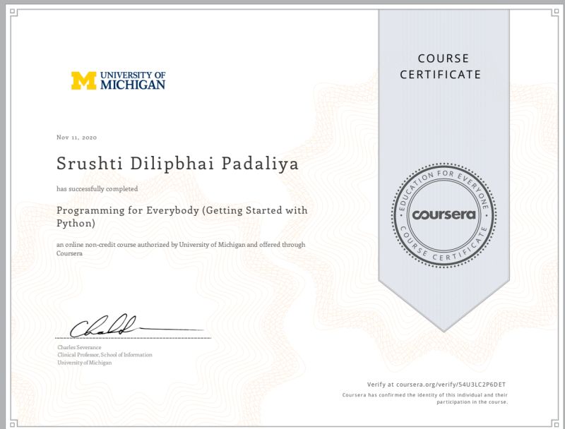 SRUSHTI PADALIYA on LinkedIn: #coursera #pythonprogramming SRUSHTI PADALIYA on LinkedIn: #coursera #pythonprogramming