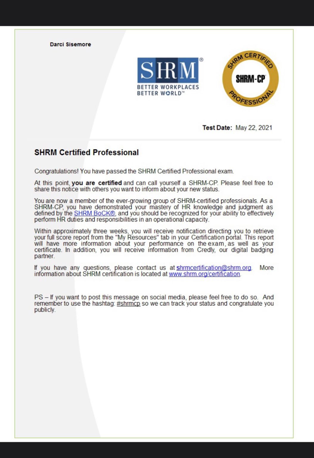 Darci Nail Sisemore MBA, PHR, SHRM-CP on LinkedIn: Yesterday I Passed ... Darci Nail Sisemore MBA, PHR, SHRM-CP on LinkedIn: Yesterday I Passed ...
