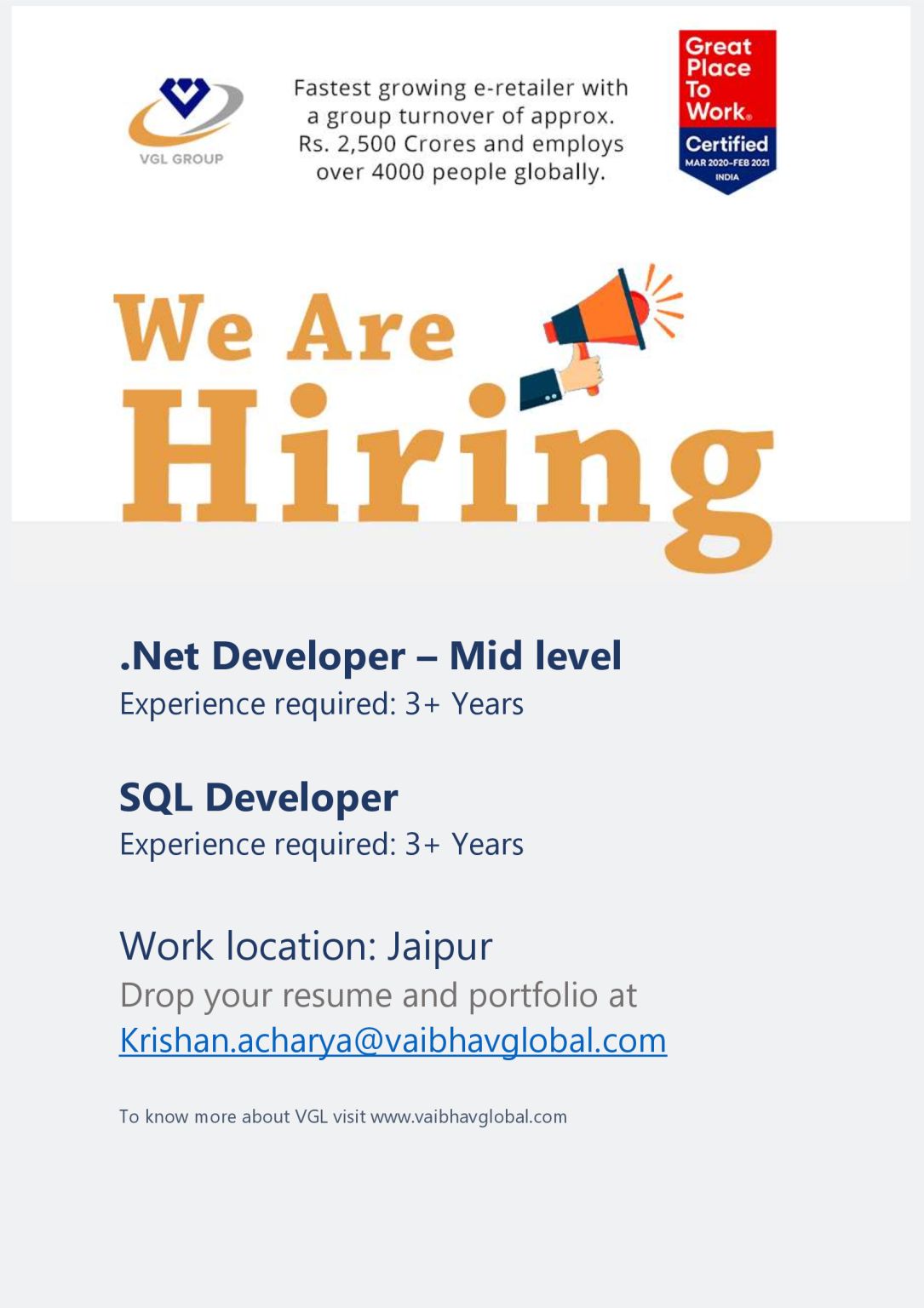 VGL Group on LinkedIn: #sql #sqldeveloper #sqljobs #sqlserver # ... VGL Group on LinkedIn: #sql #sqldeveloper #sqljobs #sqlserver # ...