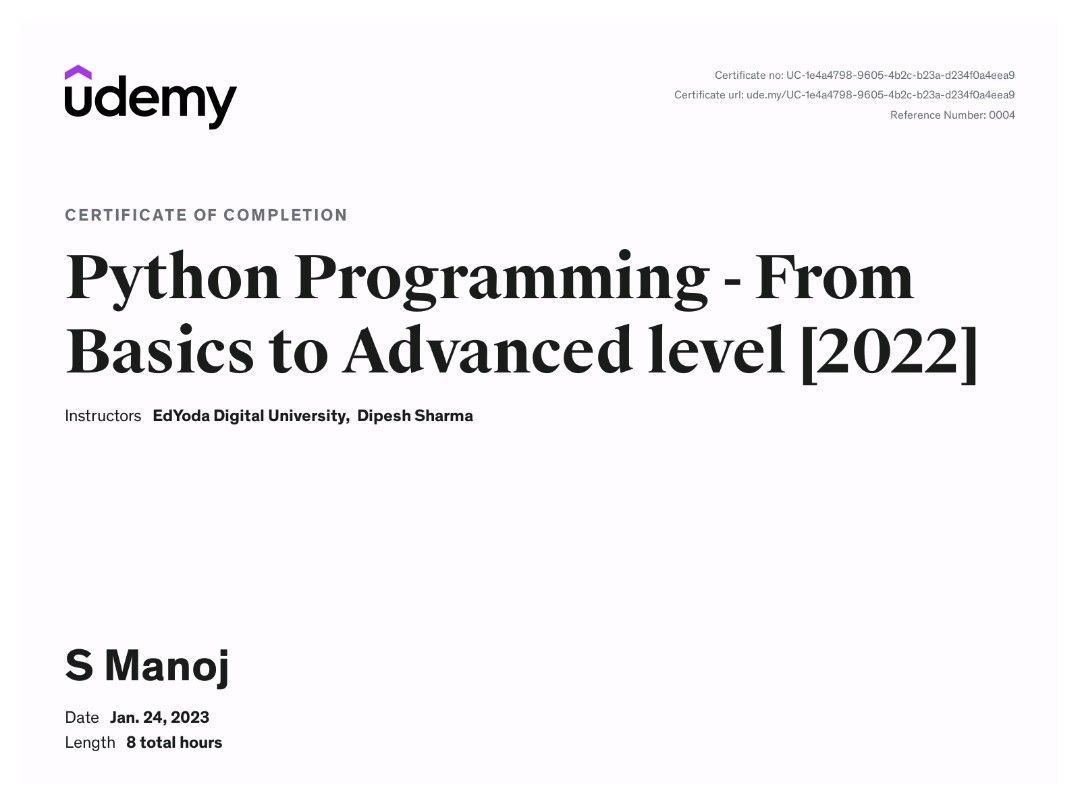 Manoj Seelam on LinkedIn: Udemy Certificate (Python Programming) Manoj Seelam on LinkedIn: Udemy Certificate (Python Programming)