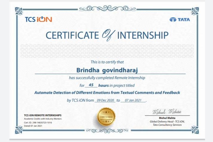 BRINDHA G on LinkedIn: #internship #tcs BRINDHA G on LinkedIn: #internship #tcs