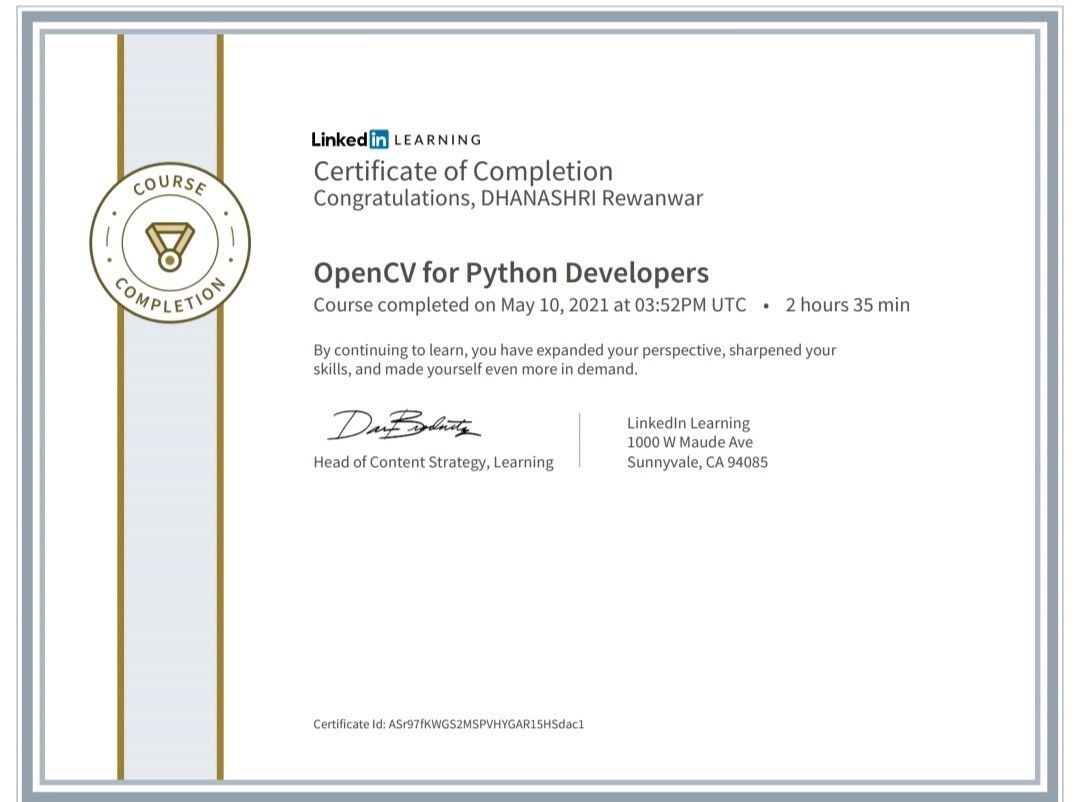 Dhanashri Rewanwar on LinkedIn: #linkedinlearning #python #opencv # ... Dhanashri Rewanwar on LinkedIn: #linkedinlearning #python #opencv # ...