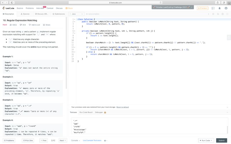 Adam Jost on LinkedIn: Solved leetCode Problem 10 : Regular Expression ... Adam Jost on LinkedIn: Solved leetCode Problem 10 : Regular Expression ...