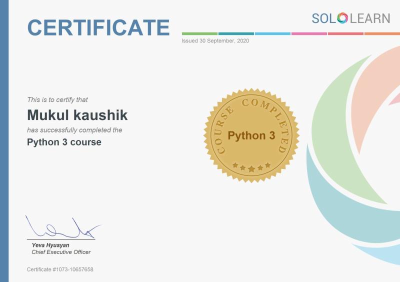 Mr. Mukul Kaushik on LinkedIn: I have completed Python Course Successfully. Mr. Mukul Kaushik on LinkedIn: I have completed Python Course Successfully.