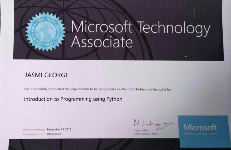 Jasmi George on LinkedIn: MTA for Introduction to Programming using Python Jasmi George on LinkedIn: MTA for Introduction to Programming using Python