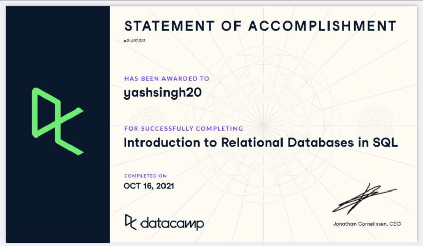 Yash Kumar Singh on LinkedIn: Completed my Introduction to Relational ... Yash Kumar Singh on LinkedIn: Completed my Introduction to Relational ...