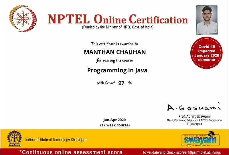 Manthan Chauhan on LinkedIn: #java #programming #certificate #swayam # ... Manthan Chauhan on LinkedIn: #java #programming #certificate #swayam # ...
