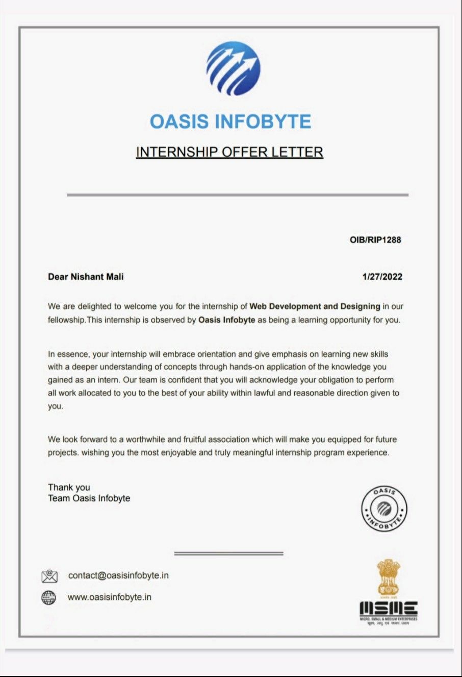 Nishant Mali on LinkedIn: #connections #oasisinfobyte #oasis # ... Nishant Mali on LinkedIn: #connections #oasisinfobyte #oasis # ...