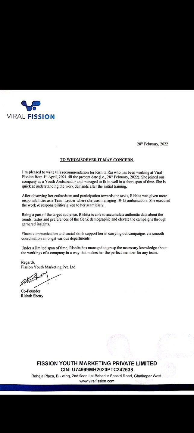 Rishita Rai on LinkedIn: #work #internship #lor #viralfission Rishita Rai on LinkedIn: #work #internship #lor #viralfission