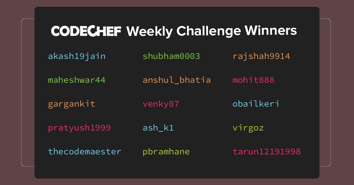 CodeChef on LinkedIn: #codechef #programming #weeklychallenge CodeChef on LinkedIn: #codechef #programming #weeklychallenge