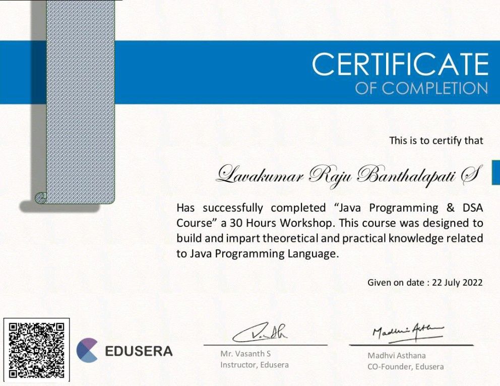 Banthalapati S Lavakumar Raju on LinkedIn: #javaprogramming #dsa #edusera Banthalapati S Lavakumar Raju on LinkedIn: #javaprogramming #dsa #edusera