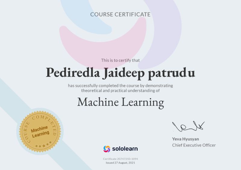 Pediredla Jaideep on LinkedIn: i have completed machine learning ... Pediredla Jaideep on LinkedIn: i have completed machine learning ...