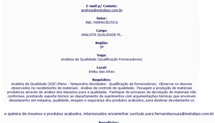 Analista de Qualidade Pleno - Ind. Farmacêutica Analista de Qualidade Pleno - Ind. Farmacêutica
