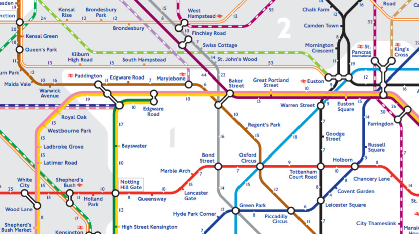 TFL launch tube map with walking times between stations. TFL launch tube map with walking times between stations.
