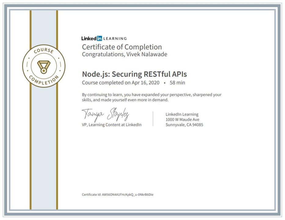 Just finished the course “Node.js: Securing RESTful APIs”! # ... Just finished the course “Node.js: Securing RESTful APIs”! # ...