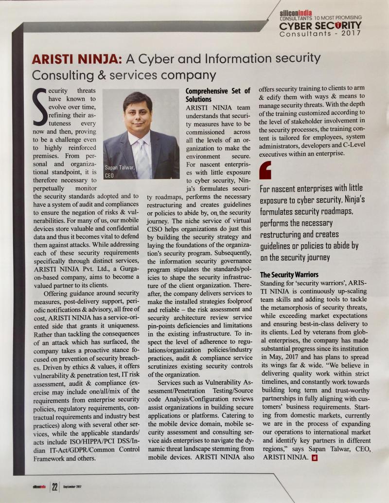 Sapan T. on LinkedIn: ARISTI NINJA named in 10 most promising Cyber ... Sapan T. on LinkedIn: ARISTI NINJA named in 10 most promising Cyber ...