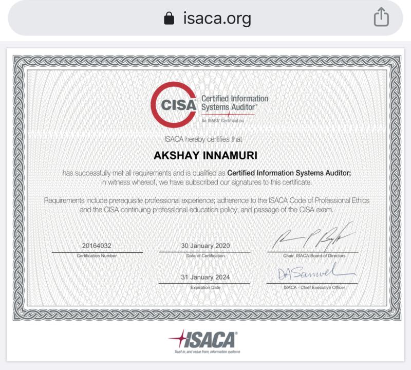 Akshay Innamuri on LinkedIn: Long wait completed CISA Certified Akshay Innamuri on LinkedIn: Long wait completed CISA Certified