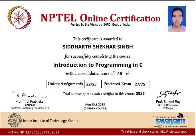 Siddharth Shekhar Singh on LinkedIn: NPTEL Certification Siddharth Shekhar Singh on LinkedIn: NPTEL Certification