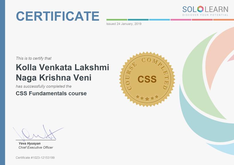 Krishna Veni Kolla on LinkedIn: My sololearn certificate on CSS Krishna Veni Kolla on LinkedIn: My sololearn certificate on CSS