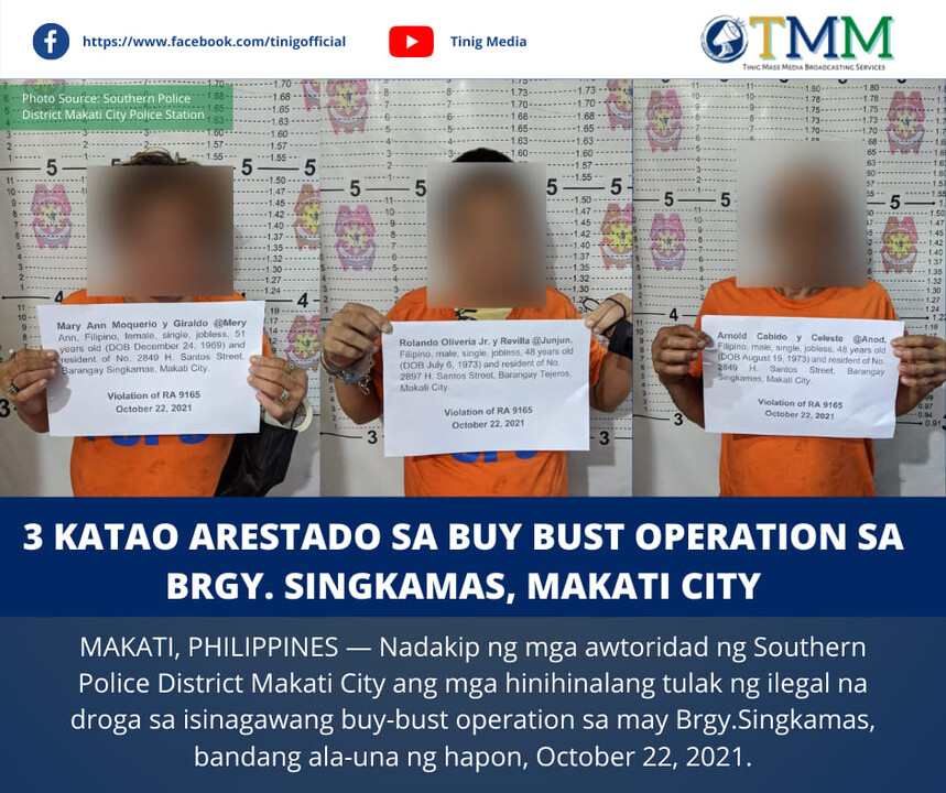 3 KATAO ARESTADO SA BUY BUST OPERATION SA BRGY. SINGKAMAS, MAKATI CITY 3 KATAO ARESTADO SA BUY BUST OPERATION SA BRGY. SINGKAMAS, MAKATI CITY