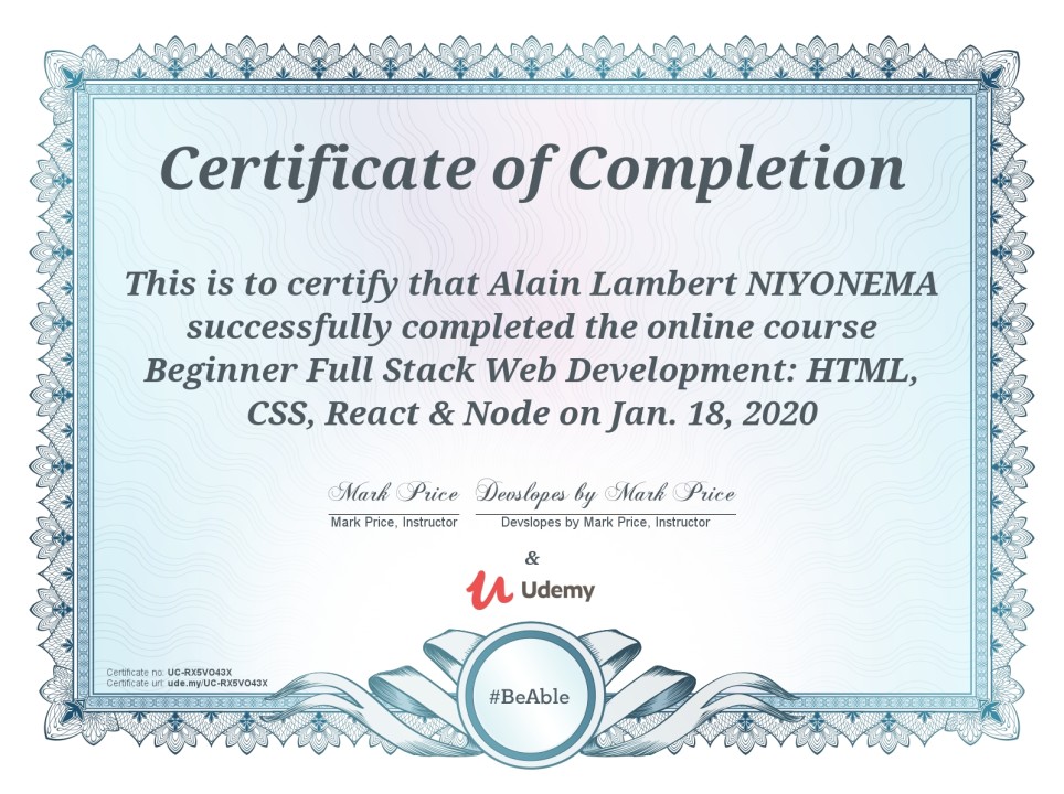Certificate - HTML, CSS & React & Node Certificate - HTML, CSS & React & Node