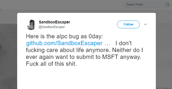 Hacker Discloses Unpatched Windows Zero-Day Vulnerability (With PoC) Hacker Discloses Unpatched Windows Zero-Day Vulnerability (With PoC)