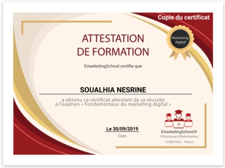 Attestation de formation Attestation de formation