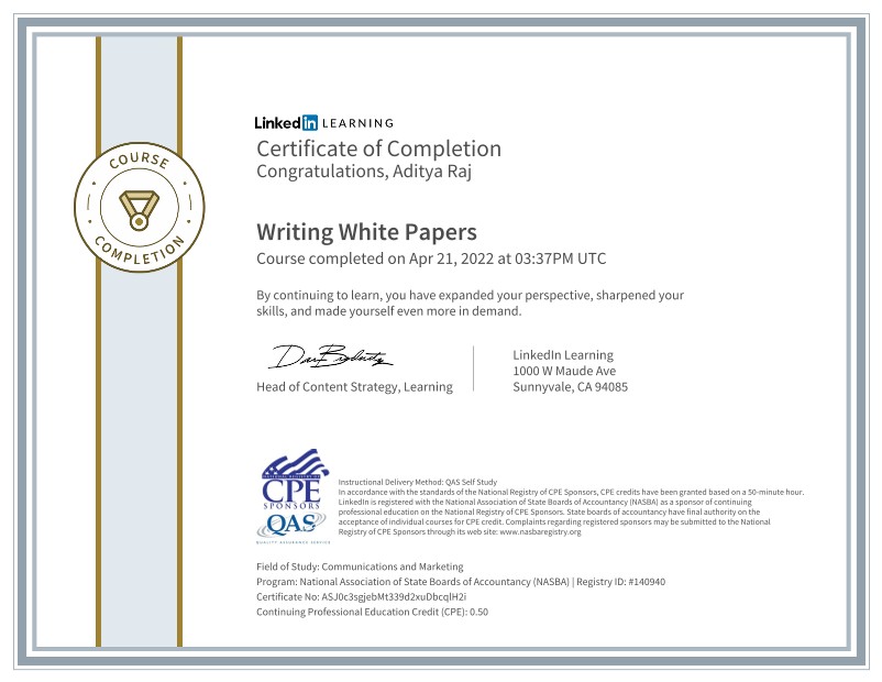 Aditya Raj on LinkedIn: Certificate of Completion Aditya Raj on LinkedIn: Certificate of Completion