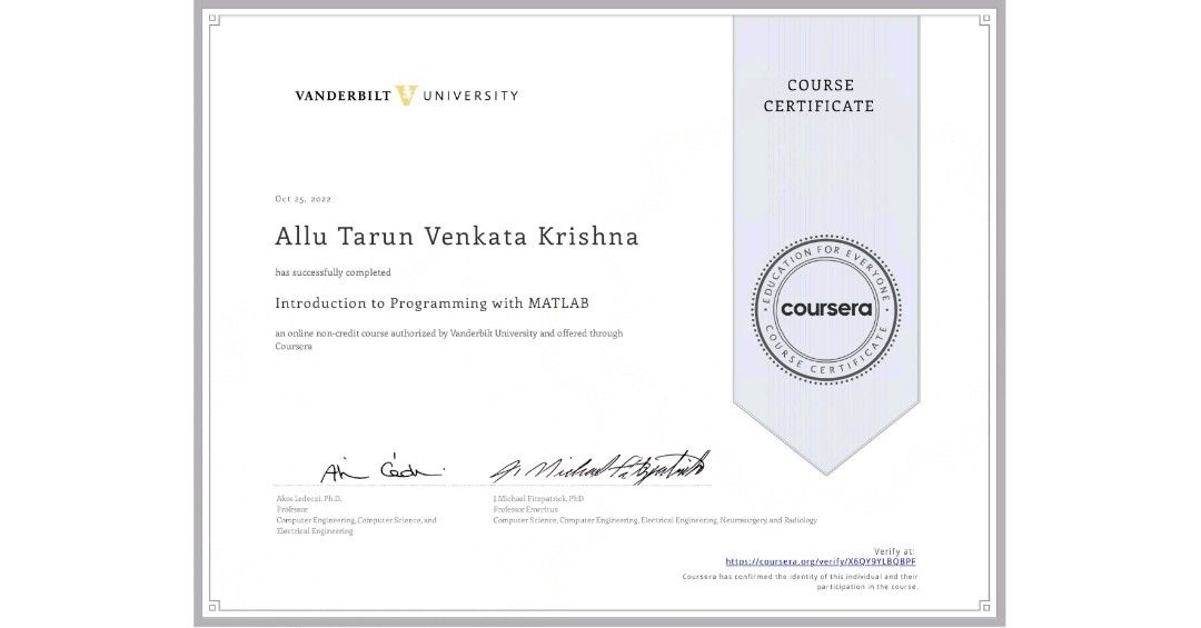 Allu Tarun Venkata Krishna on LinkedIn: #matlab #coursera Allu Tarun Venkata Krishna on LinkedIn: #matlab #coursera