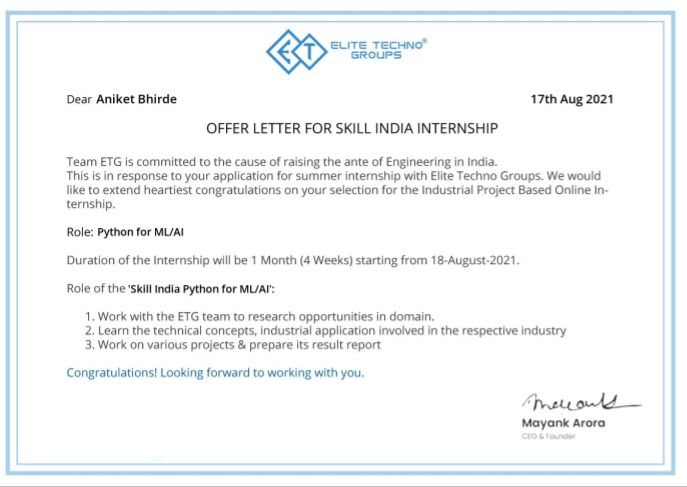 Aniket Bhirde on LinkedIn: #internship #artificialintelliegence # ... Aniket Bhirde on LinkedIn: #internship #artificialintelliegence # ...