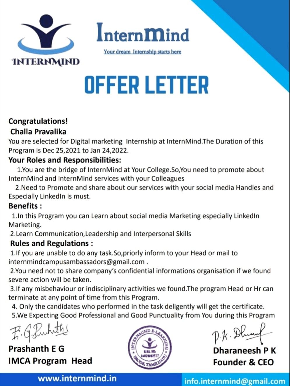 Challa Pravalika on LinkedIn: #internmind #intern #internship # ... Challa Pravalika on LinkedIn: #internmind #intern #internship # ...