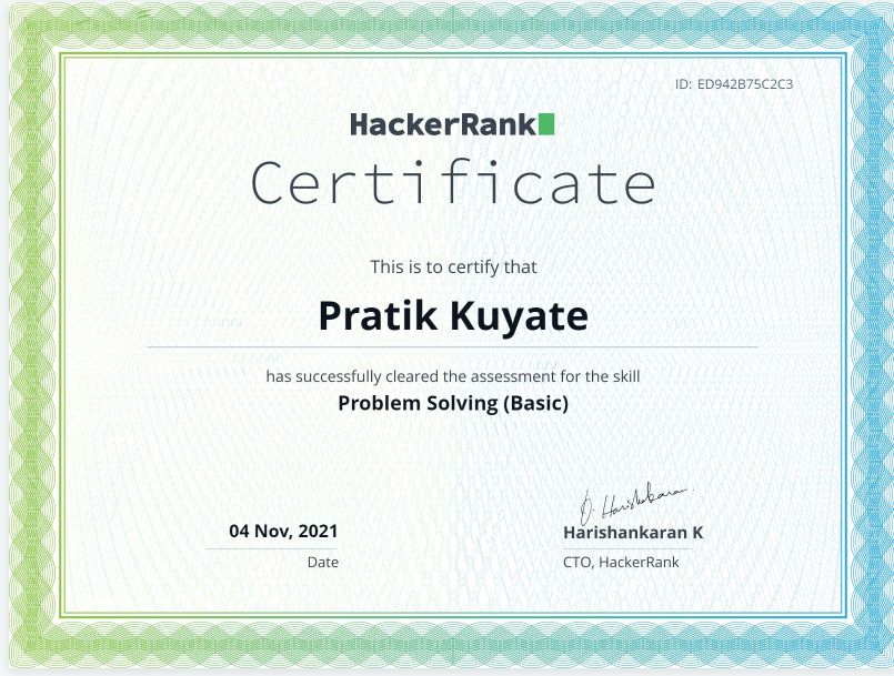 Pratik Kuyate on LinkedIn: Completed HackerRank Problem Solving (Basic ... Pratik Kuyate on LinkedIn: Completed HackerRank Problem Solving (Basic ...