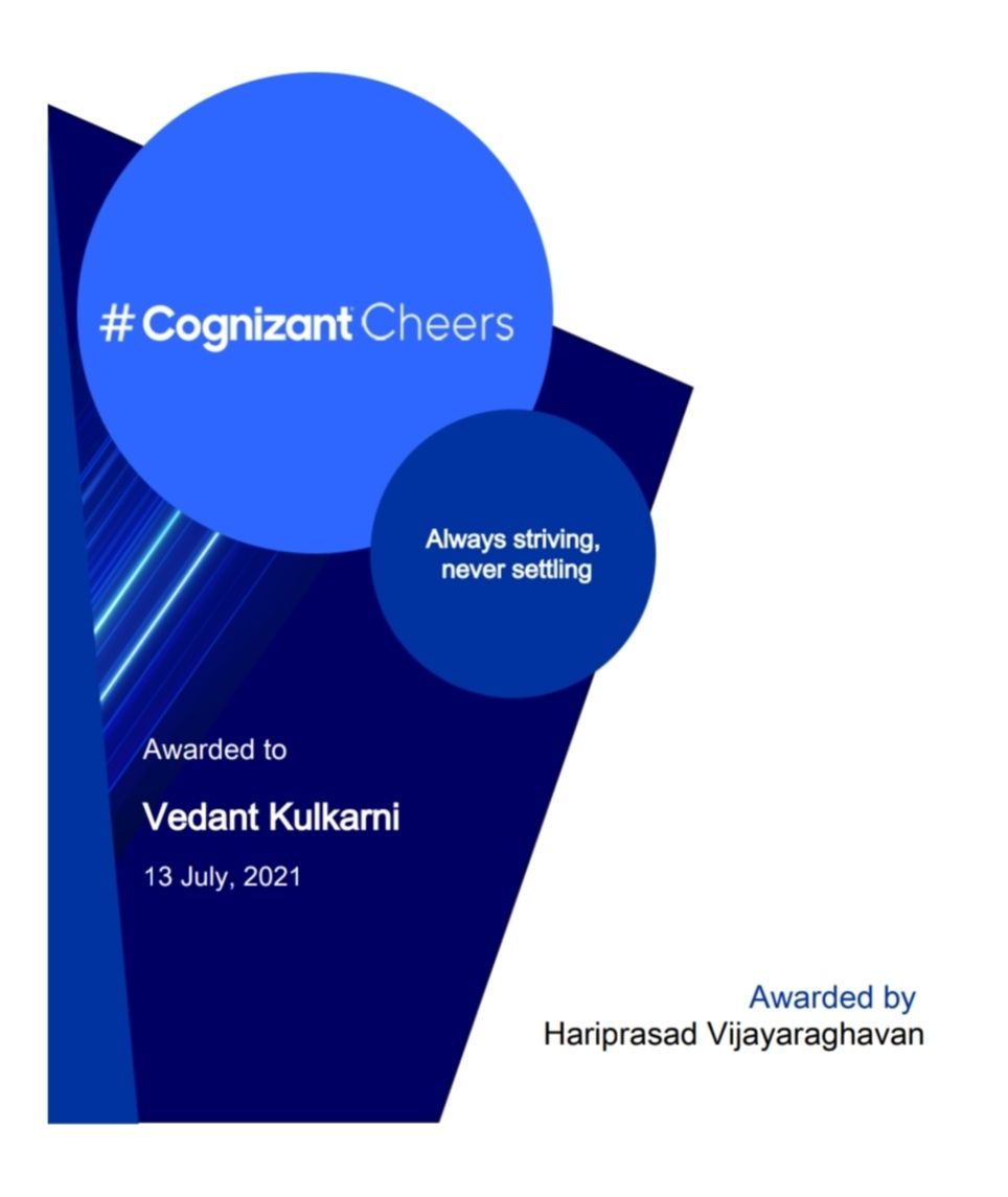 Vedant Kulkarni on LinkedIn: #cognizant #cognizantcheers #coralaward ... Vedant Kulkarni on LinkedIn: #cognizant #cognizantcheers #coralaward ...