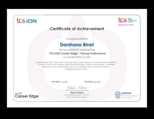 Darshana Birari on LinkedIn: #certificate #tcs #tcsion #opportunity ... Darshana Birari on LinkedIn: #certificate #tcs #tcsion #opportunity ...