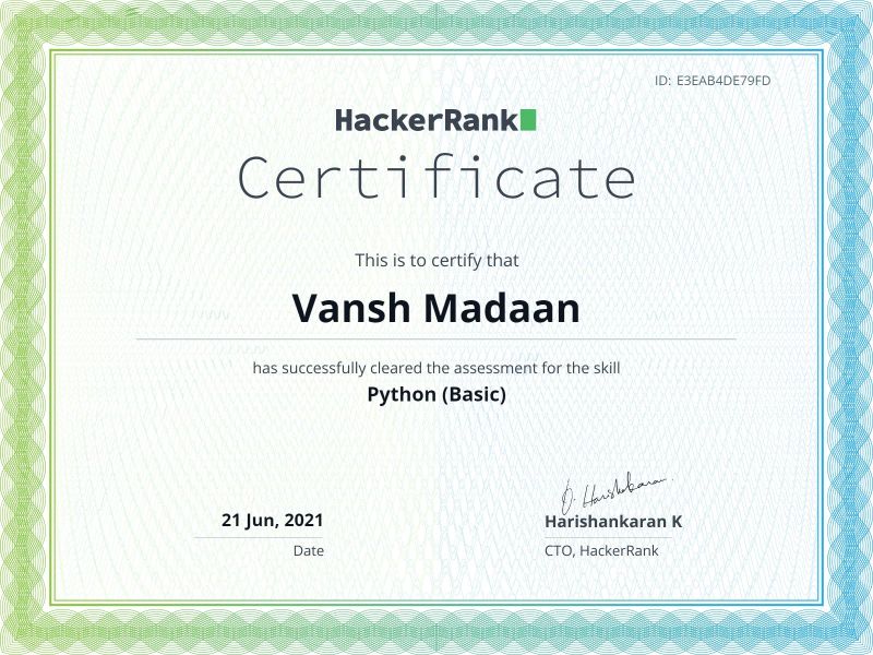 Vansh Madaan on LinkedIn: I cleared the test of python basics and got a ... Vansh Madaan on LinkedIn: I cleared the test of python basics and got a ...