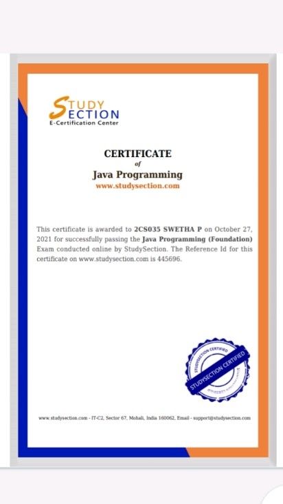 SWETHA P on LinkedIn: #javaprogramming #studysection SWETHA P on LinkedIn: #javaprogramming #studysection