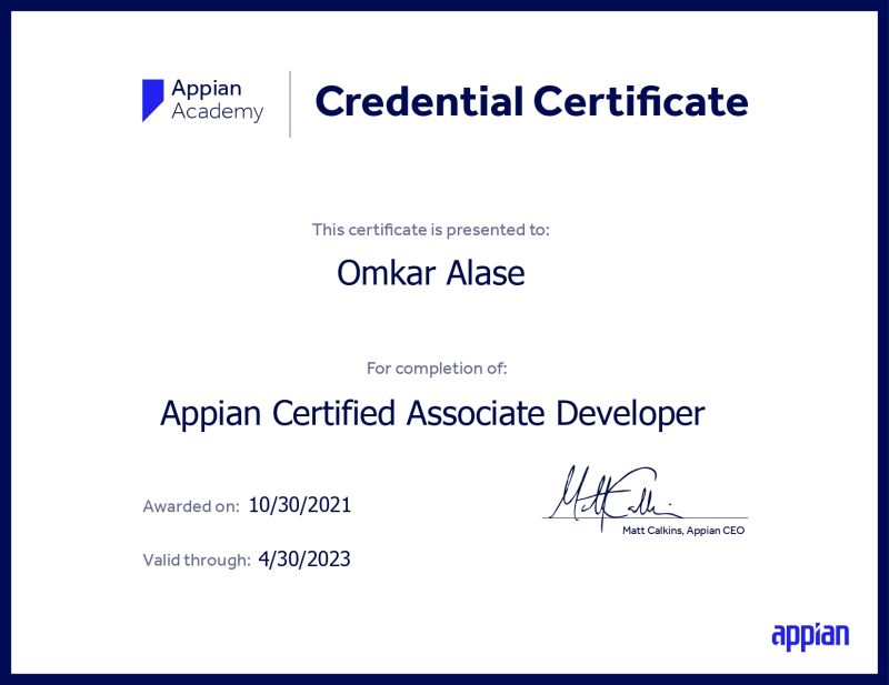 Omkar Alase on LinkedIn: #appian #appiandeveloper #certified #infoscion ... Omkar Alase on LinkedIn: #appian #appiandeveloper #certified #infoscion ...
