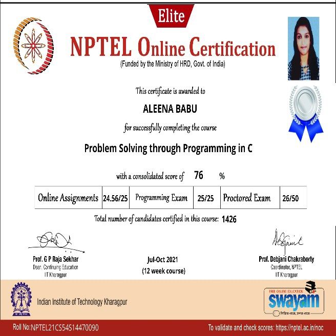 Aleena Babu on LinkedIn: Successfully completed NPTEL Problem Solving ... Aleena Babu on LinkedIn: Successfully completed NPTEL Problem Solving ...